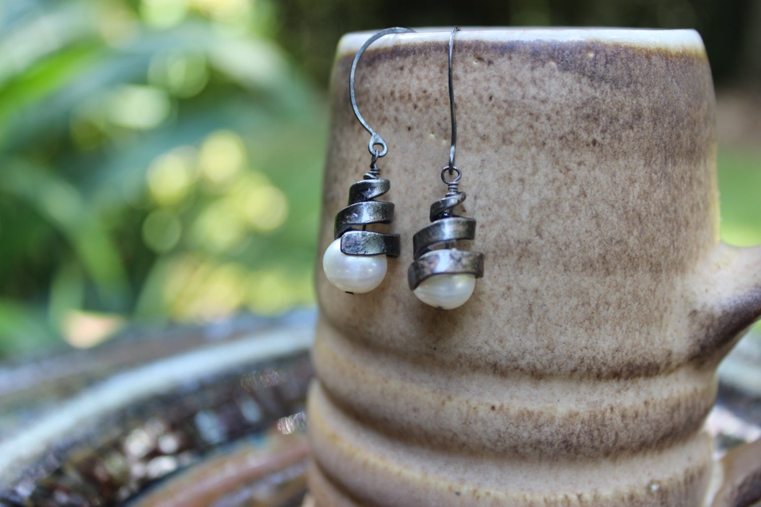 Iron Jewelry: Hand-forged Iron Spiral and White Pearl Earrings