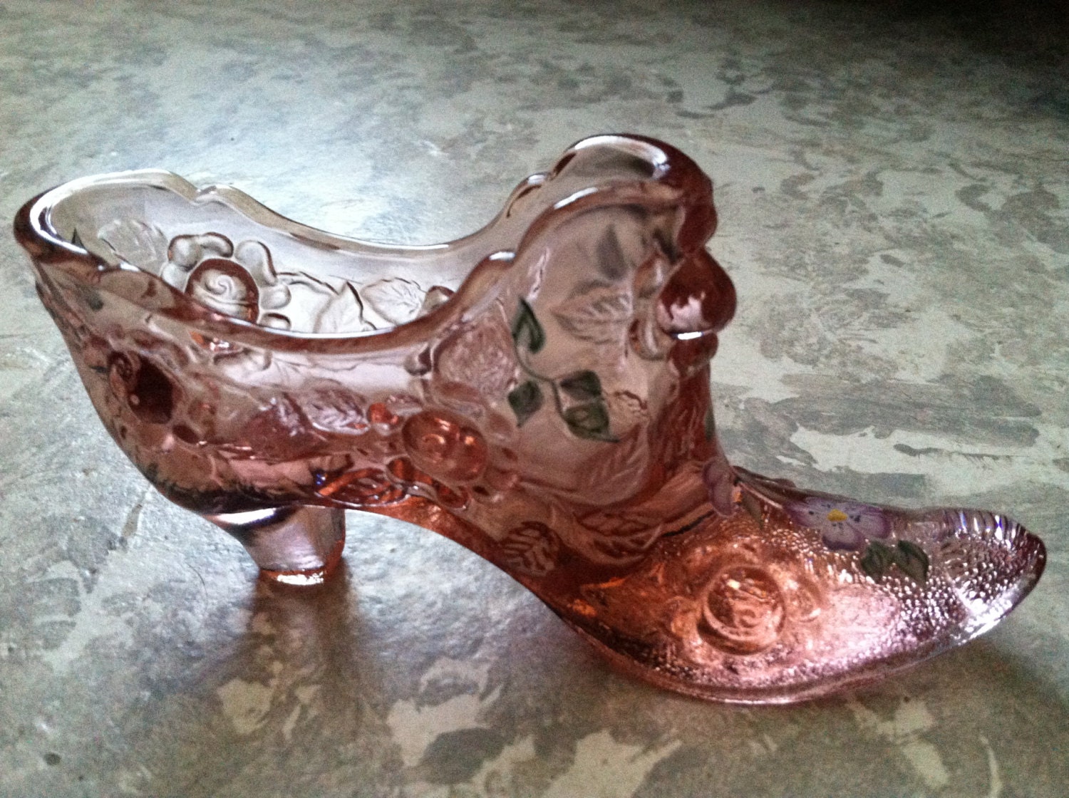 Vintage Pink Floral Fenton Glass Shoe Figurine Collectible