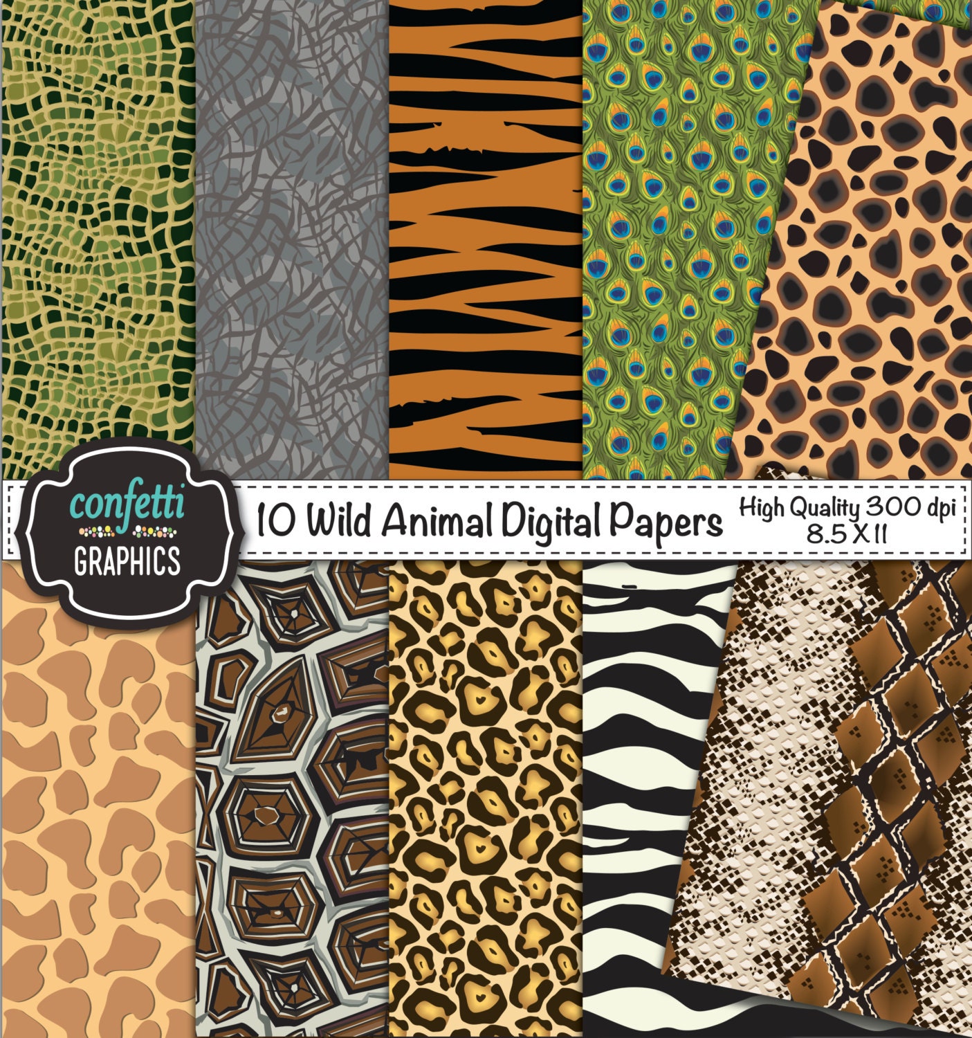 10 Wild Animal Digital Paper Pack Scrapbook Printable