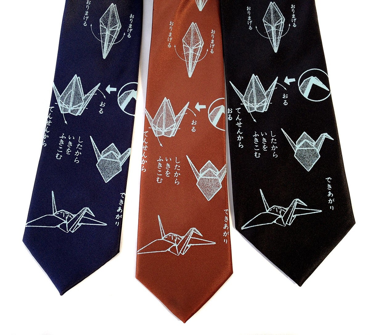 Origami necktie. Paper crane print tie. Men's silkscreen