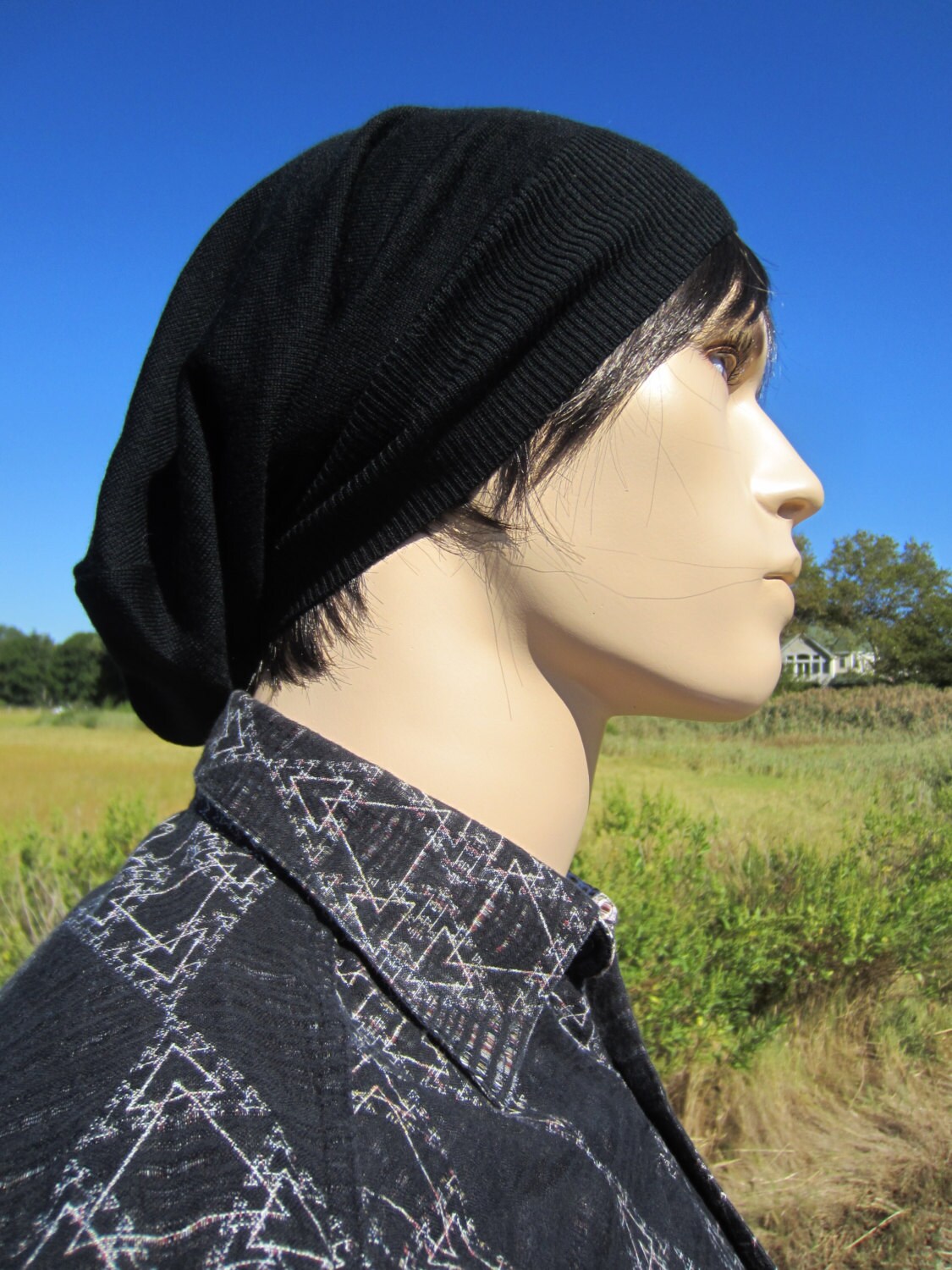 Large Mens Black Hat Wool Slouchy Beanie Hat Fine Italian