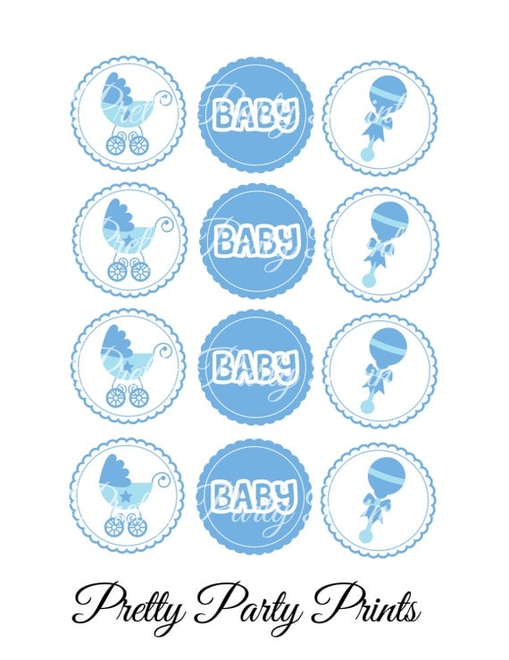 Printable Cupcake Toppers Baby Shower Blue Carriage 2 inch