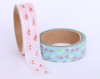 Blue & Pink Floral Patterns Washi Decorative Tape | 2 Roll Set (Approx ...