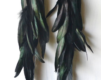 Very Long Grizzly and Black Feather Earrings by MarcieRoxx on Etsy