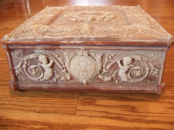 Large Incolay Stone Jewelry Box Handcrafted USA Vintage