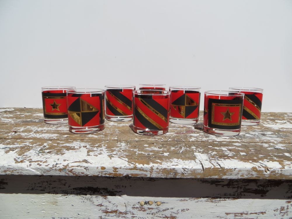 Atomic Era Lowball Glasses Black Red and Gold Stars Stripes and ...