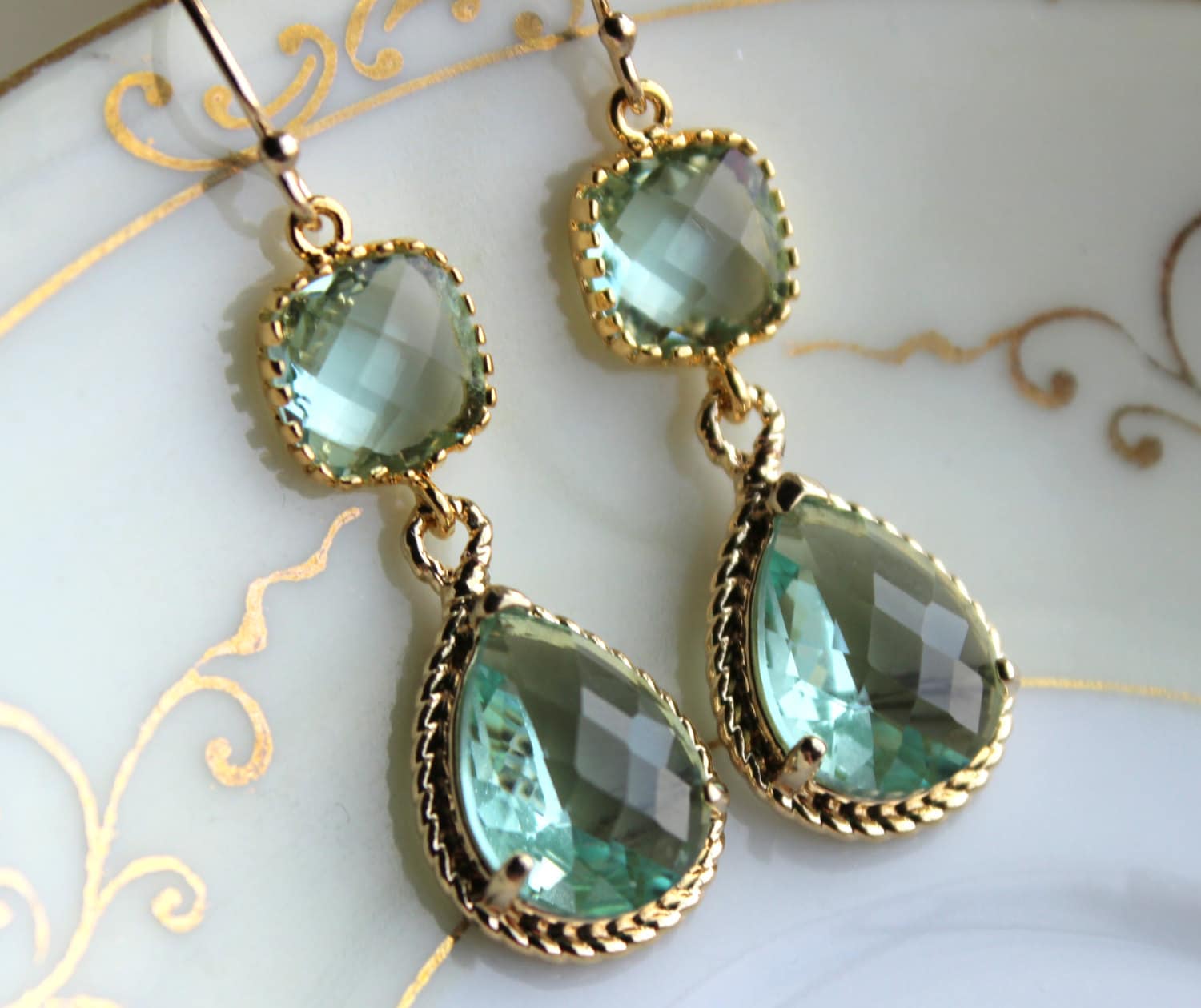 Prasiolite Earrings Gold Two Tier Teardrop Earrings