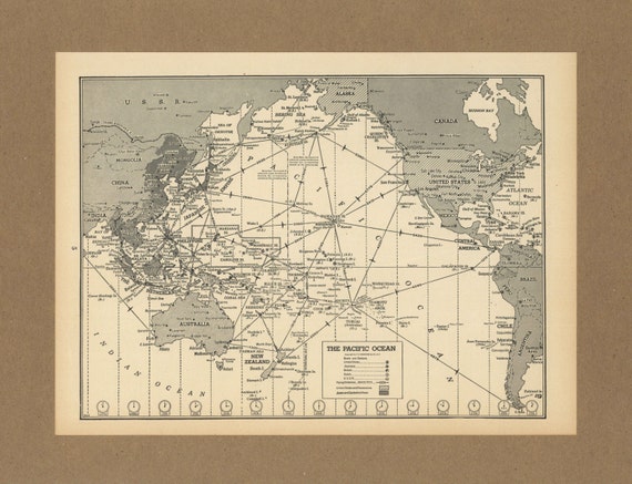 Vintage map Pacific Ocean Aviation Flights by placesintimemaps