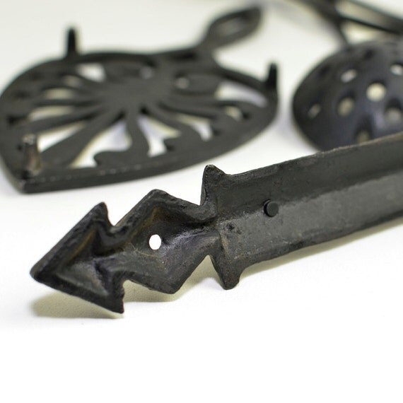 Cast Iron Utensils on Wall Rack Rustic Black by OneRustyNail