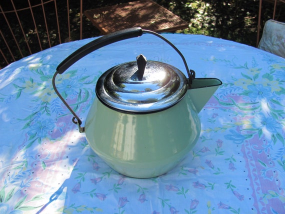 Art Deco Sage Green Enamelware Tea Kettle by MamabirdsVintage
