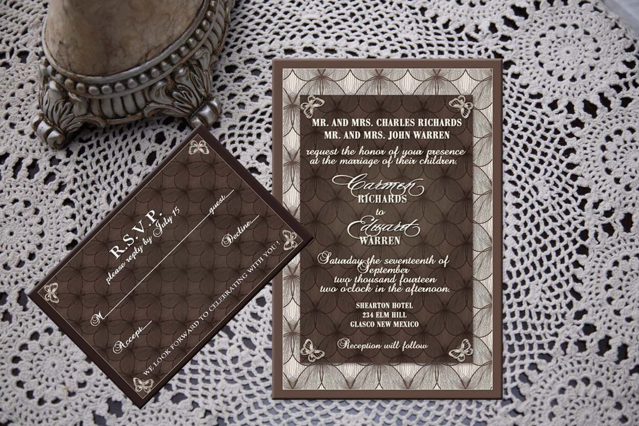 DIY wedding invitation, printable invitation, lace invitation, brown ...
