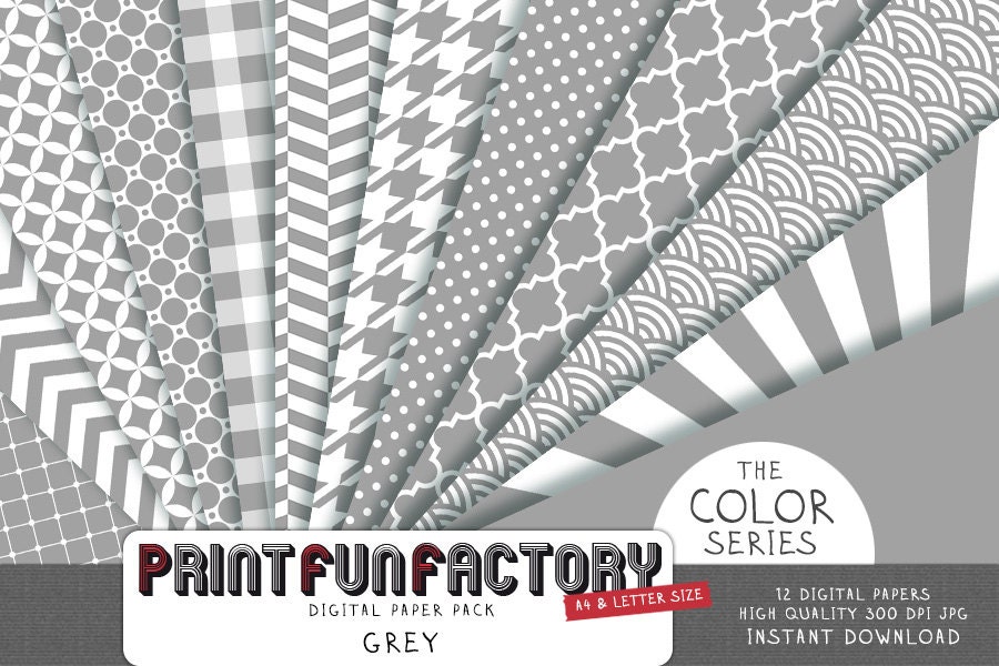 Grey digital paper – gray scrapbook patterns – 12 digital papers (062 ...