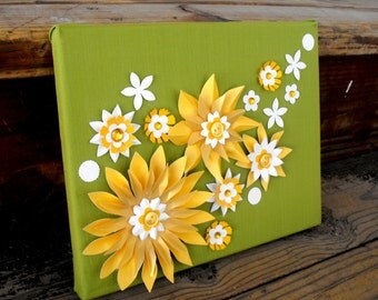 Fabric Covered Canvas With Handmade Paper Flowers Wall Art