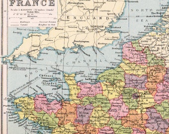 1930s antique FRANCE MAP, vintage French map with Paris and French ...