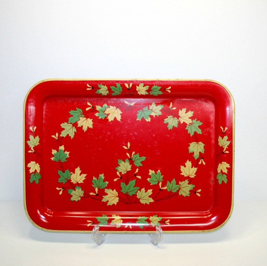 Red Serving Tray, Vintage Red, Green & Yellow Enamel Metal Tray – Retro ...