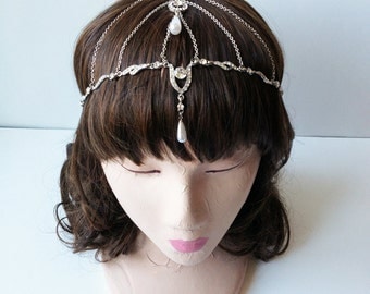Rhinestone Pearl Teardrop Gypsy Crown with Chains