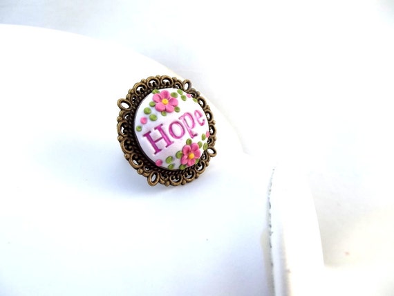Items similar to Hope Ring Hand Stamped Ring Adjustable Ring Pink ...