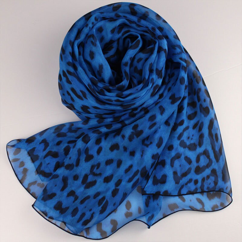 Blue Silk Chiffon Scarf with Leopard Print Leopard Printed