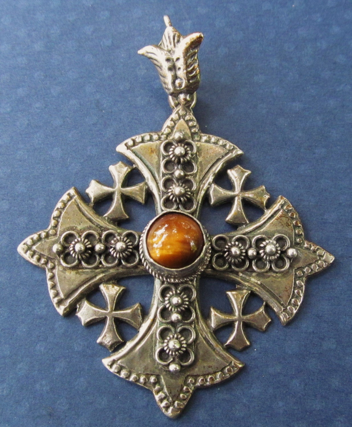 Antique Jerusalem Cross With Cats Eye Stone 900 Silver