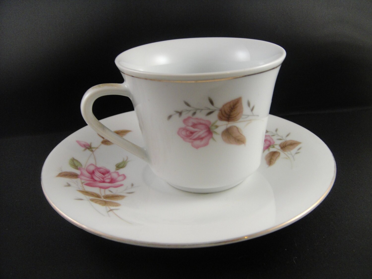 Pink Rose Design Cup and Saucer White China Gold Trim Made in