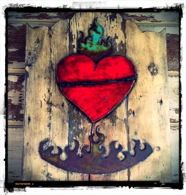 Rustic sacred heart with flames by HeartsandFlames on Etsy