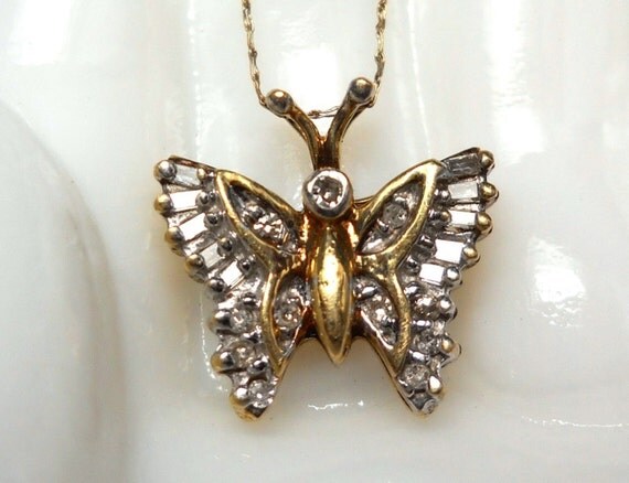 Vintage 10K Gold Diamond Butterfly Necklace by WeBos on Etsy