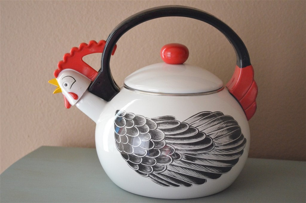Enamel Rooster Tea Kettle M. Kamenstein 1986 Red White Yellow