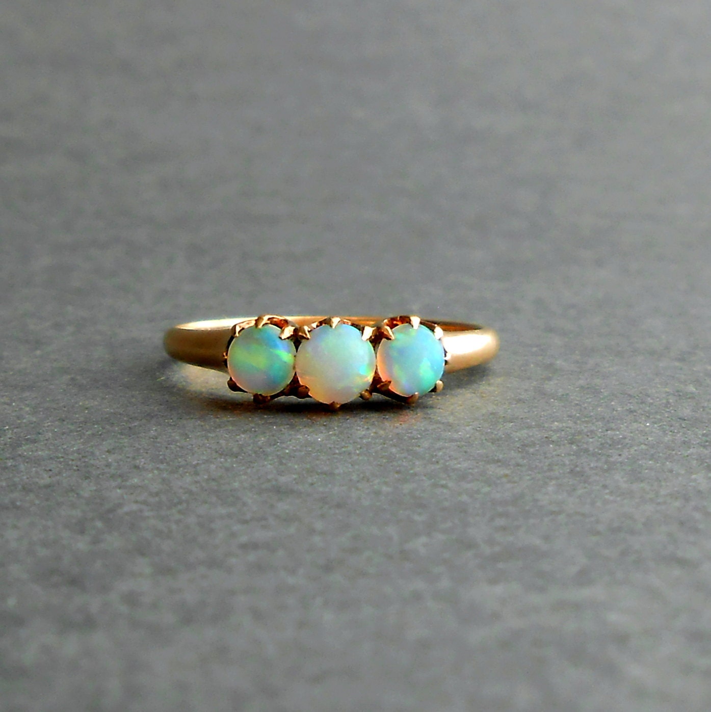 Victorian Opal Ring. 14K Gold. Three Exceptional Stones.