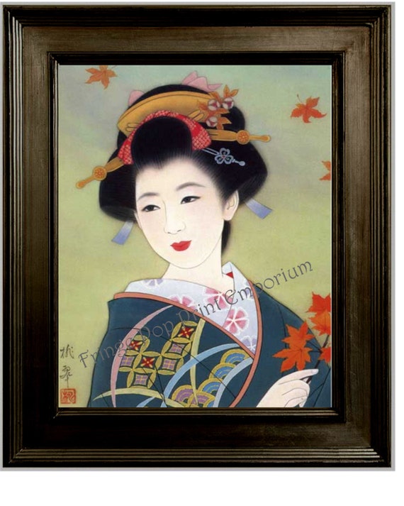 Japanese Geisha Art Print 8 x 10 Woman With Leaves Asian
