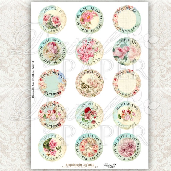 handmade labels 2 inch circles set of 15 digital collage