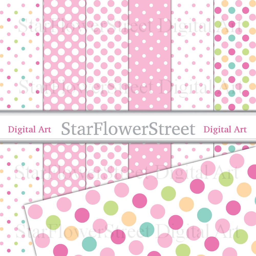 Pink Polka Dot Digital Paper pastel pink with rainbow dots