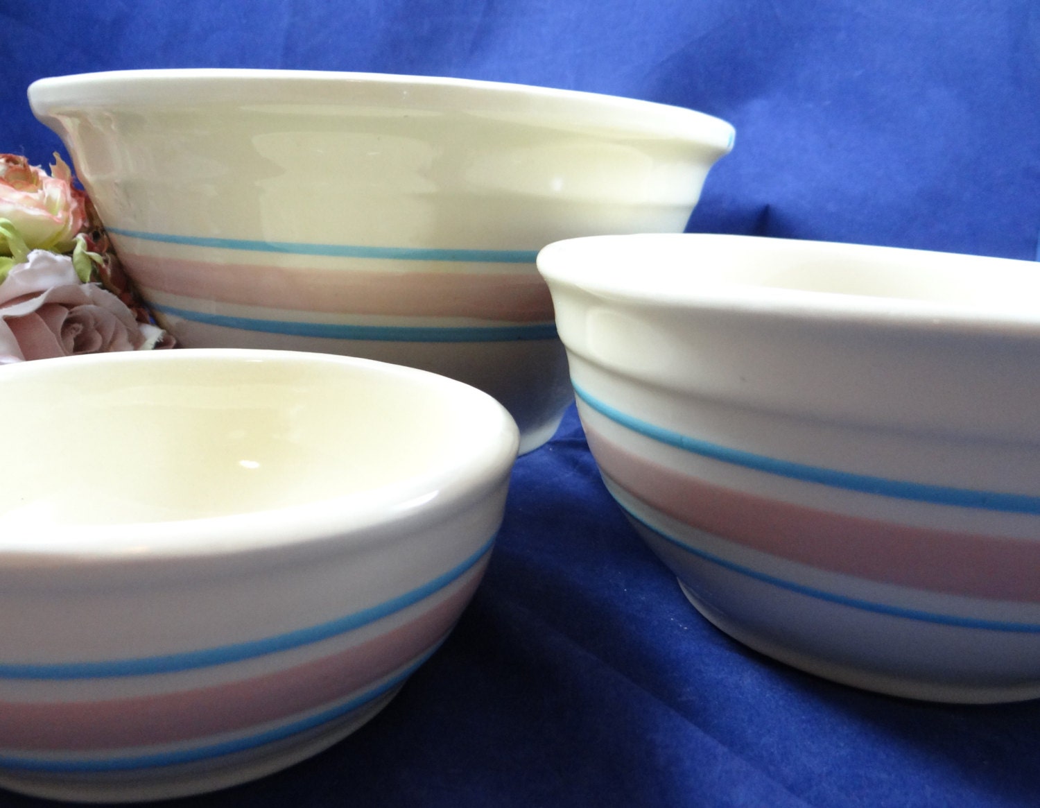 Vintage 1970s McCoy Pottery Pink and Blue Nesting Bowls USA Vintage 1970s McCoy Pottery Pink and Blue Nesting Bowls USA