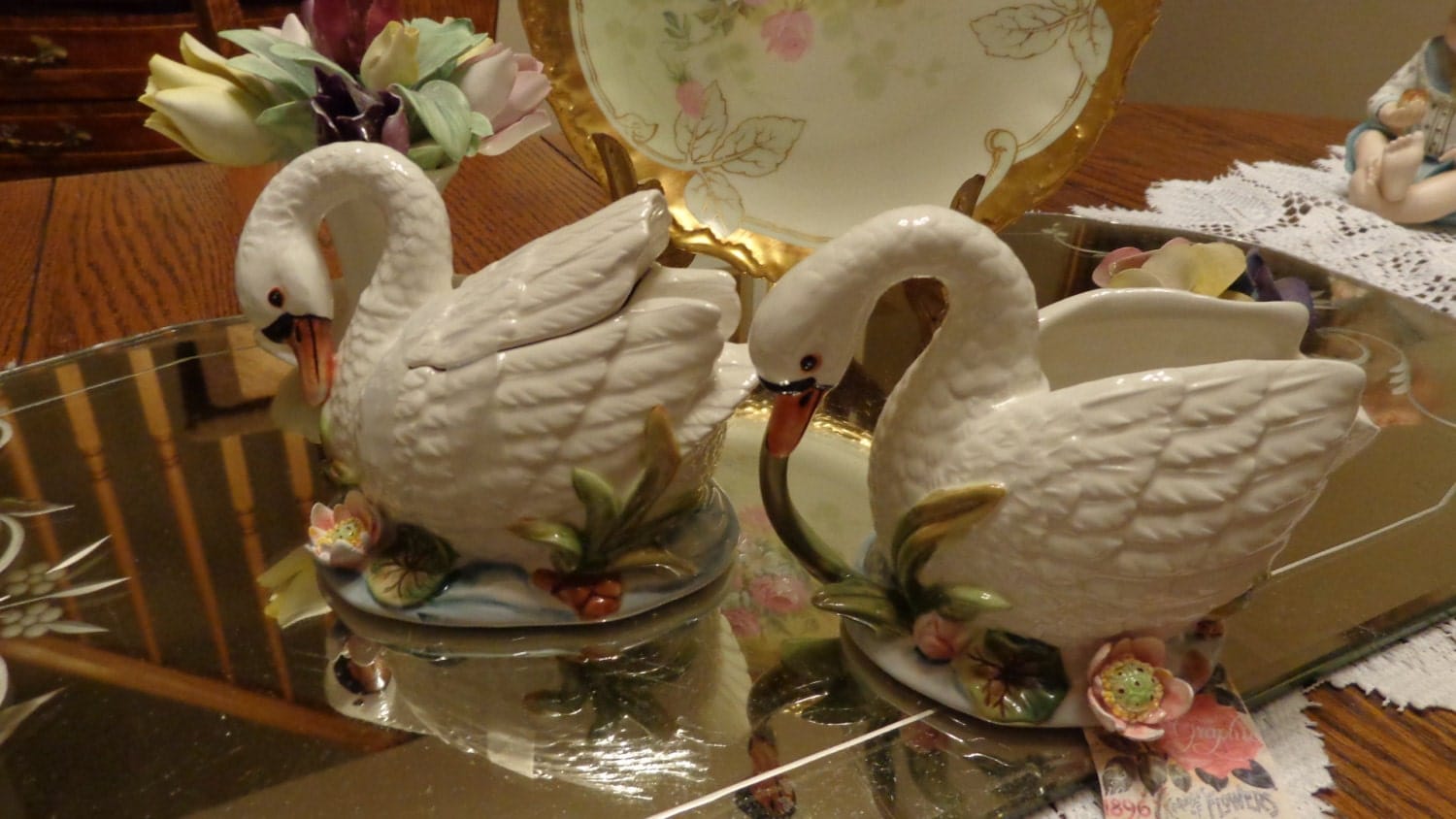 Swan Creamer and Sugar Bowl Set / Teaparty China / Cottage Chic China ...