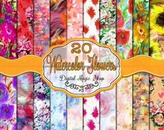 20 Watercolor Flowers Textures Digital Scrapbook Paper 2 - Pink Red ...