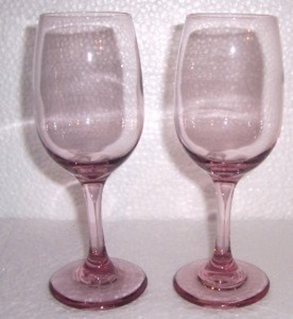 2 Libbey Pink Rose Colored Depression Handblown Wine Glasses