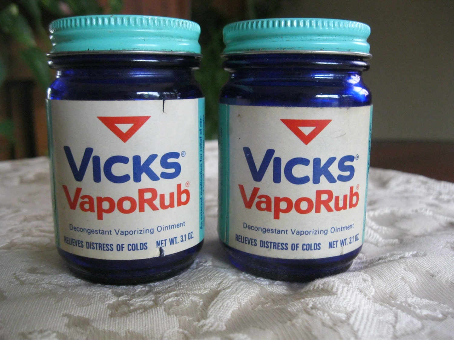 Two VICKS VapoRub Jars 3.1 Oz Cobalt Blue Jar Label and Lid