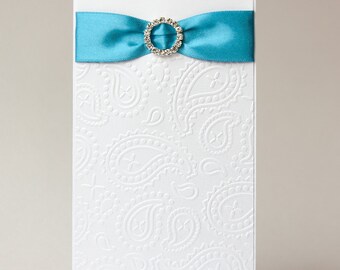 Wedding invitation - White Ivory turquoise invitations - embossed ...