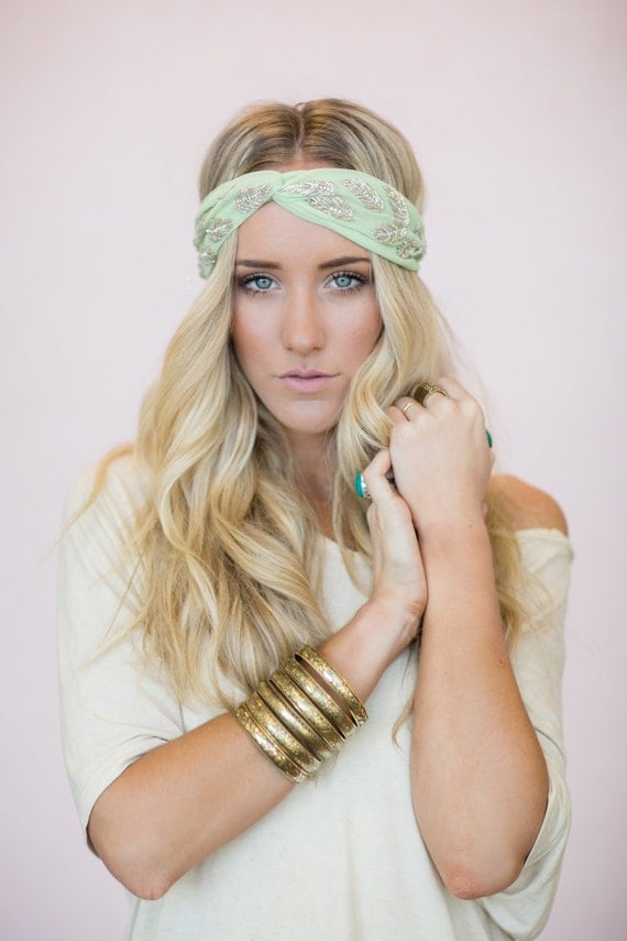 Gypsy Headband Cute Hair Bands Womens Boho Mint Crystal Leaf