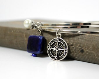 Royal Blue, White, and Silver Compass Bangle Beaded Bracelet Set ...
