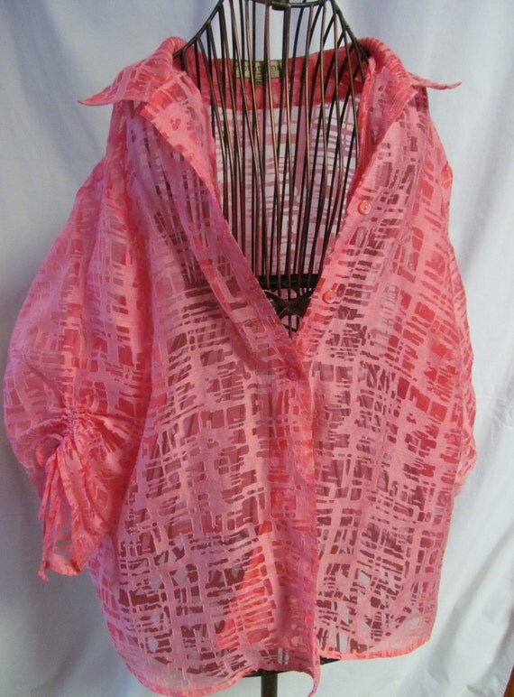 Sheer Cover Up Blouse Ruffle Pucker Sleeve Pink Sheer Blouse