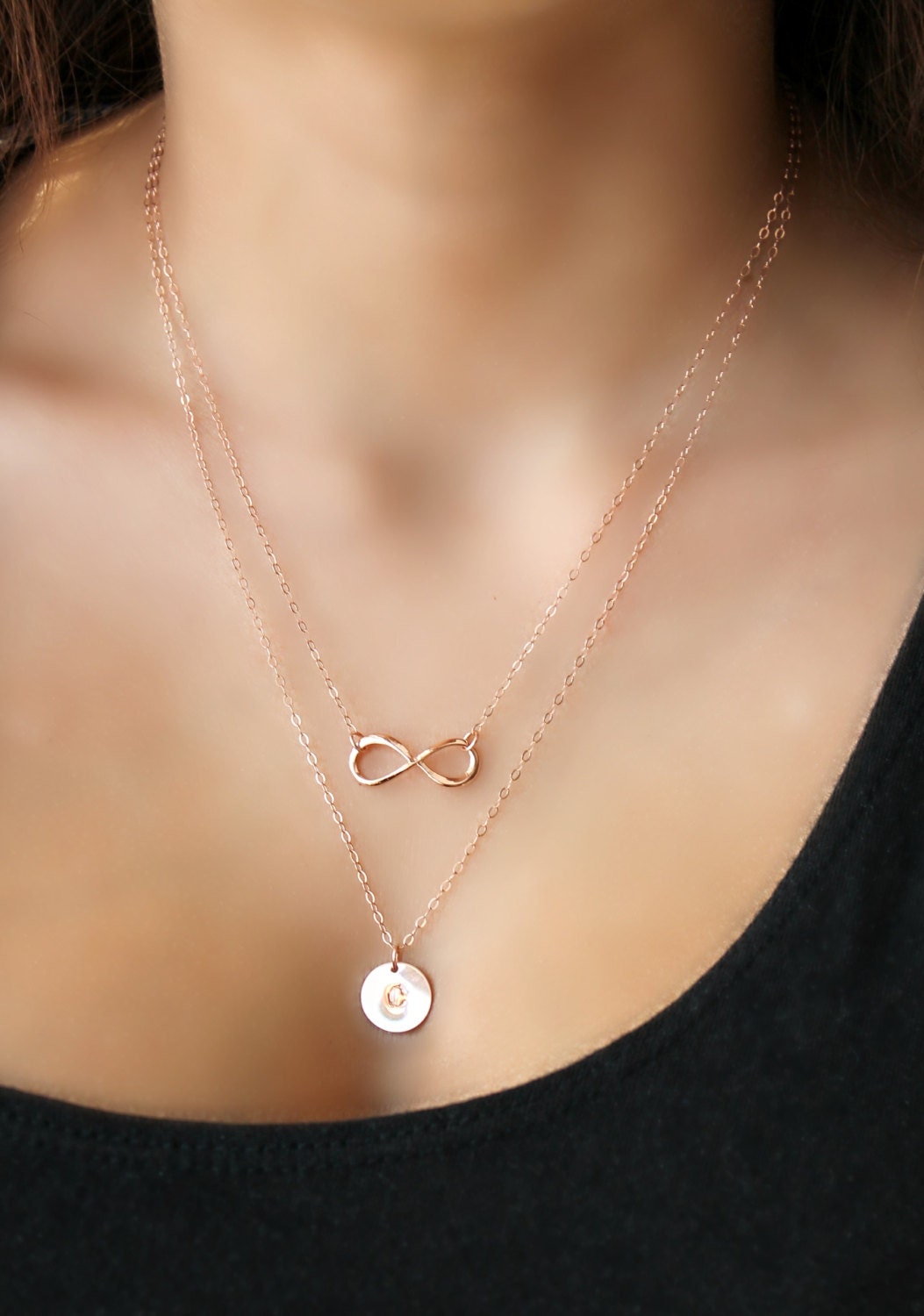 Layered infinity & Initial Necklace 14Kt Rose Gold Filled