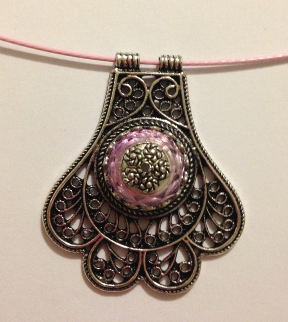 Antique Silver Filigree Pendant Pink 1683 by addicted2glassfusion