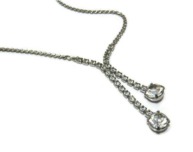 Vintage Rhinestone Necklace Silver Tone Lariat Style Evening Wear Costume Jewelry Formal Prom ...
