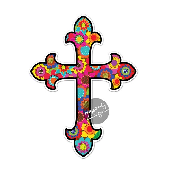 Cross Car Decal Floral Colorful Bumper Sticker Christian