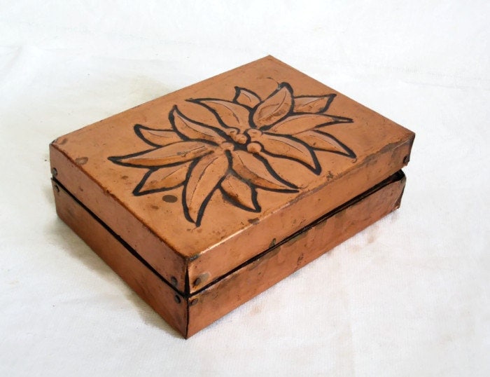 Handmade vintage COPPER & wood box, ornate embossed metal sheets ...