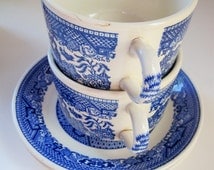 Willow Ware - Two Cups and Saucers by Royal China, USA - Blue and White ...