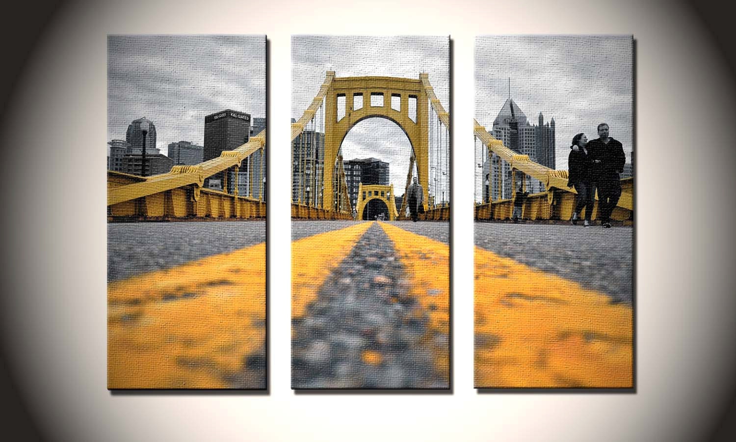 Urban Triptych Fine Wall Art Pittsburgh Bridge in gold