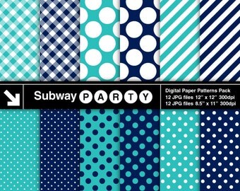 Soft Teal and Orange Chevron and Argyle Digital Papers Pack.