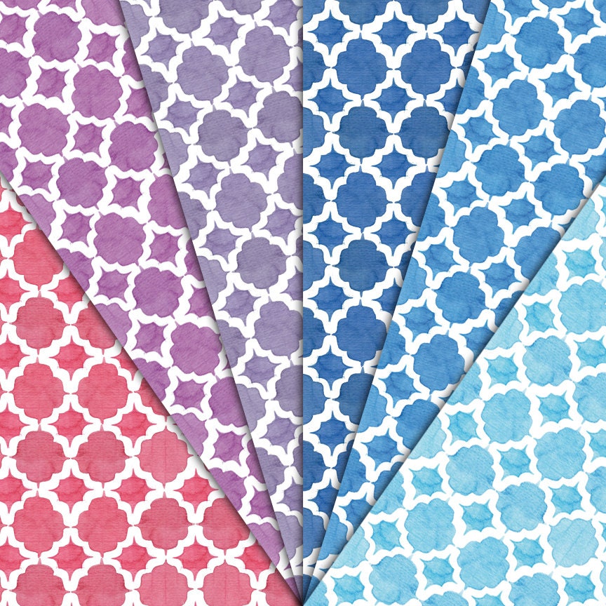 Watercolor Digital Paper Quatrefoil Moroccan by SwiejkoForPrint