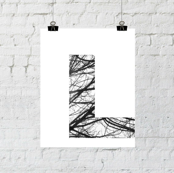 Black & White Letter L Tree Branch Art Print. 8x10